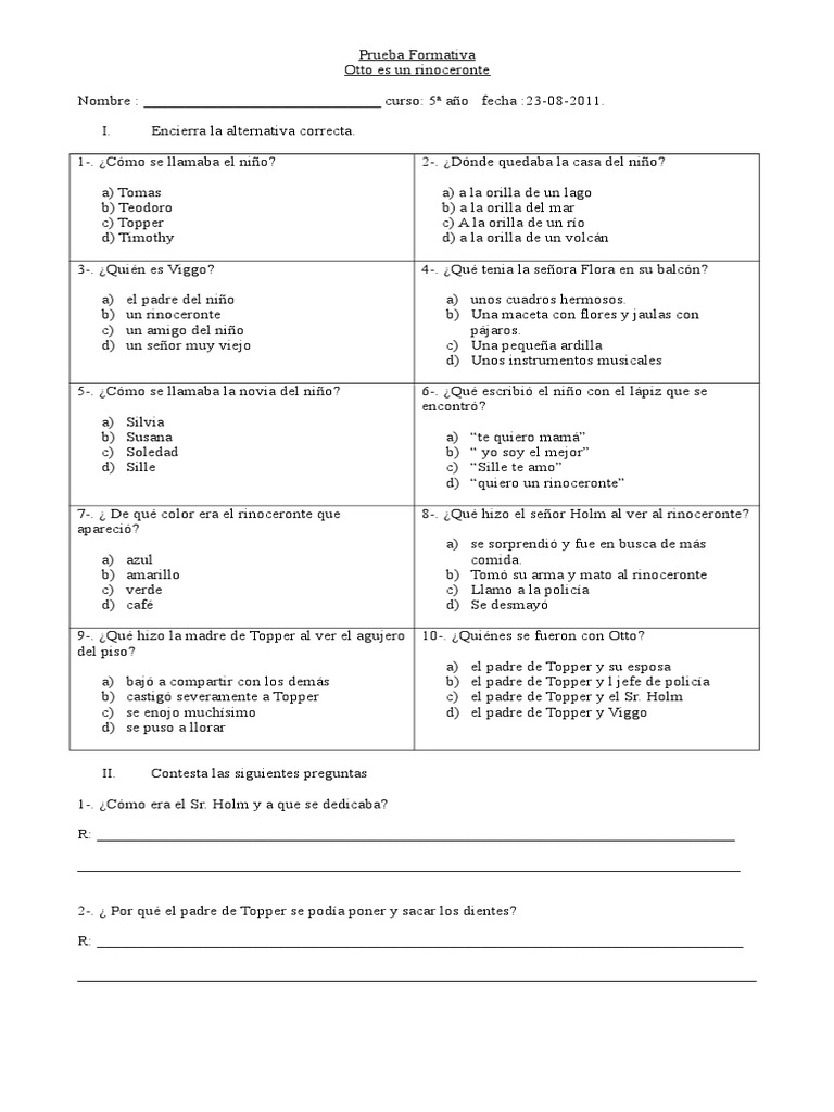 Prueba Formativa Del Cuento Otto Es Un Rinoceronte | PDF | Ocio