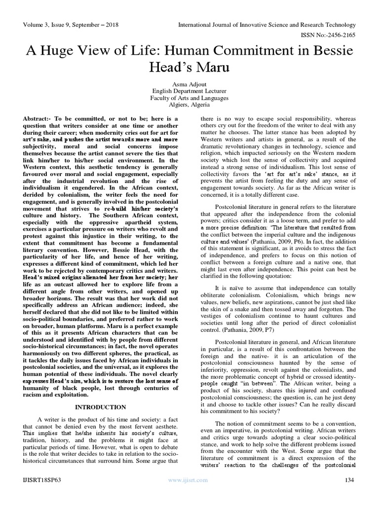 A Huge View of Life: Human Commitment in Bessie Head's Maru | Download Free PDF ...