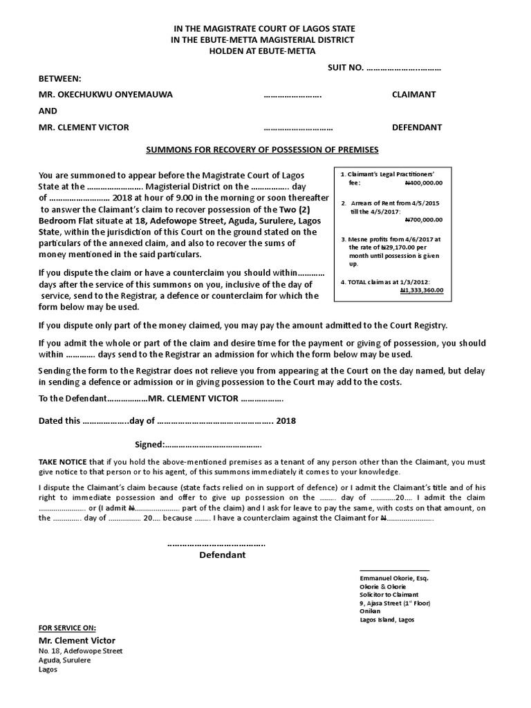 Writ of Possession - Clement Victor | PDF | Leasehold Estate | Lawsuit