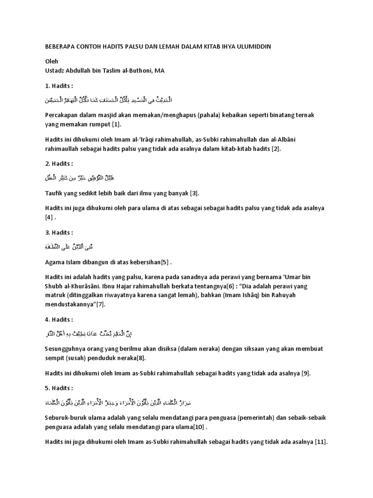 Beberapa Contoh Hadits Palsu Dan Lemah Dalam Kitab Ihya Ulumiddin | PDF