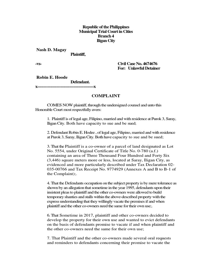 Unlawful Detainer Complaint Sample | PDF | Eviction | Lawsuit