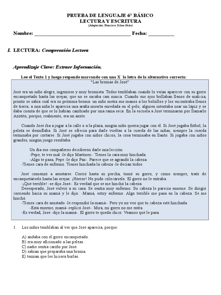 Comprensión Lectora Sexto | PDF | Lectura (proceso) | Aves