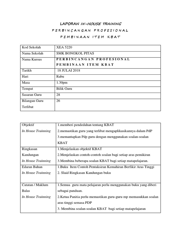 Laporan in House Kbat | PDF