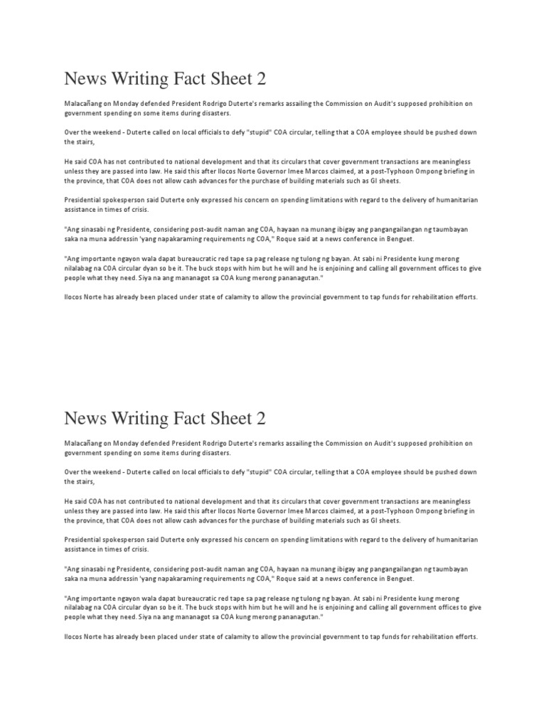 News Writing Fact Sheet 2 Pdf Rodrigo Duterte Public Sphere