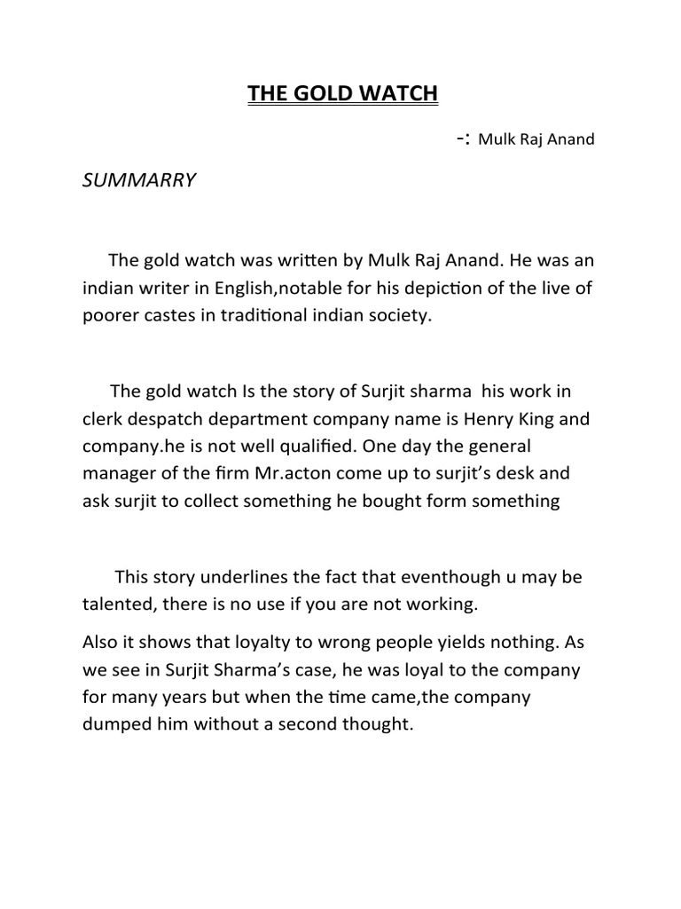Themes in Mulk Raj Anand's "The Gold Watch" | PDF | General Fiction