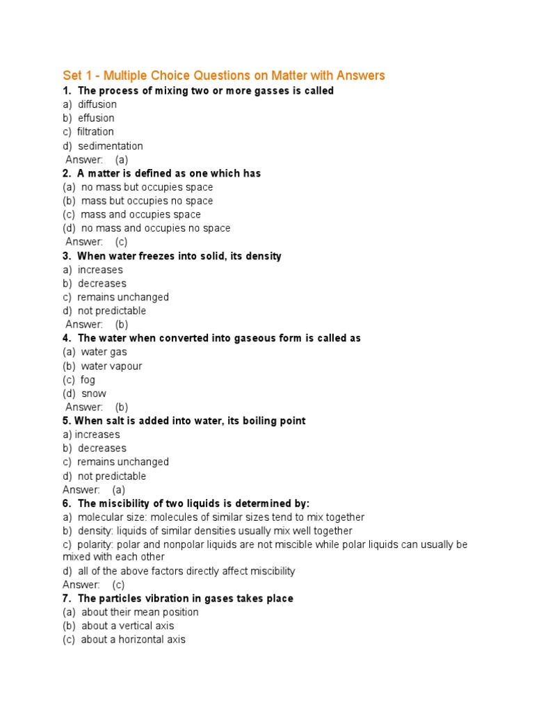 Set 1 - Multiple Choice Questions On Matter With Answers | PDF ...