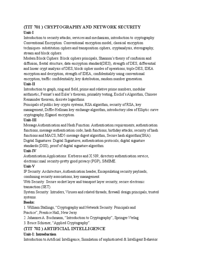 (Tit 701) Cryptography and Network Security: Unit-I | PDF | Data Compression | Cryptography