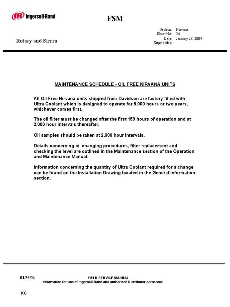 Maintenance Schedule and Procedures for Oil Free Nirvana Units | PDF