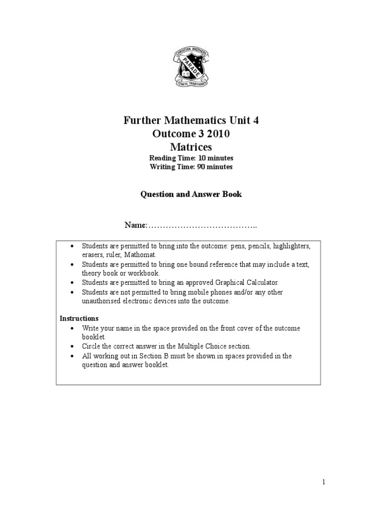 Further Maths Matrices SAC 2010 | PDF | Matrix (Mathematics ...