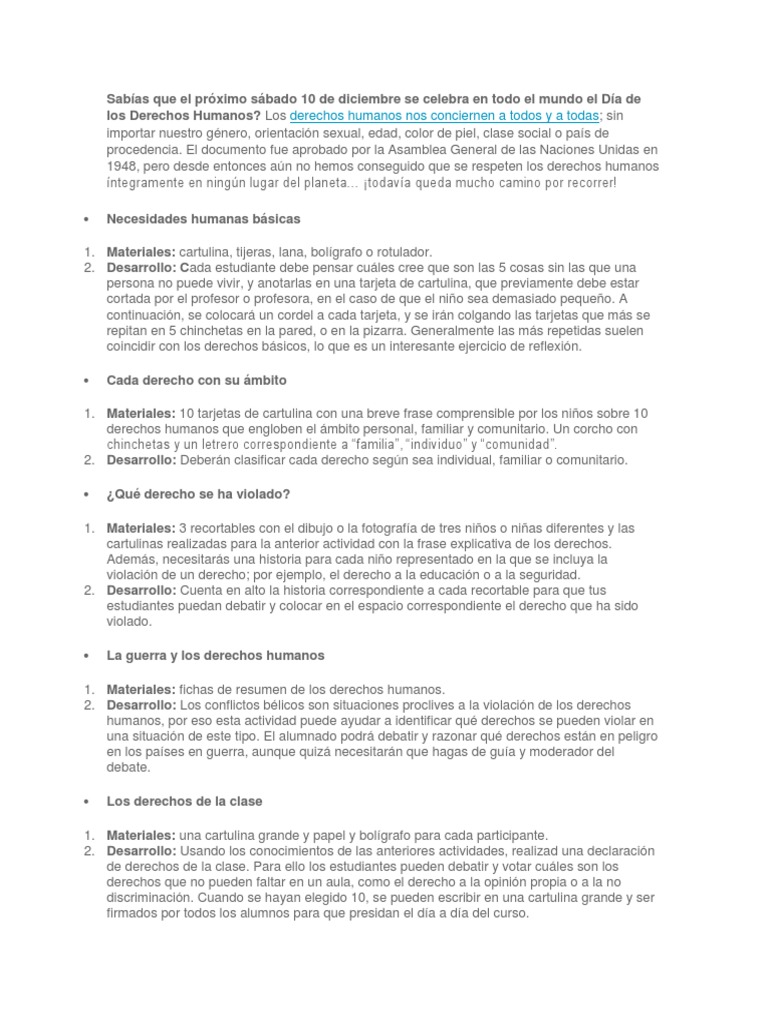 5 Actividades para Trabajar Los Derechos Humanos | PDF | Derechos ...