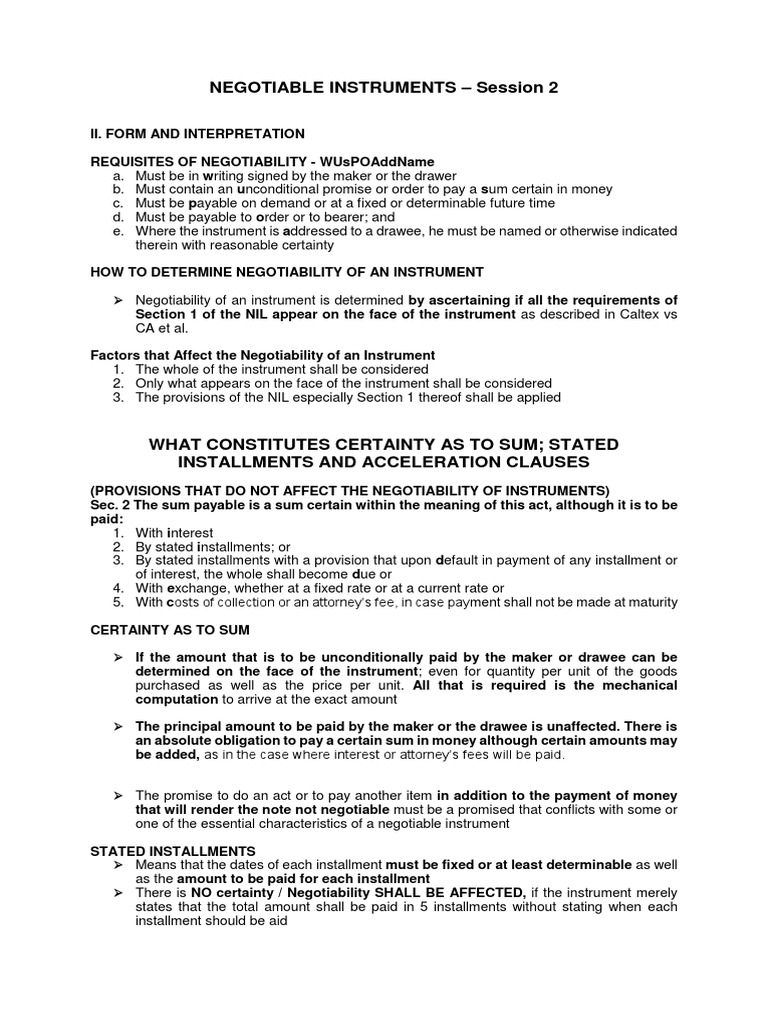 Negotiable Instruments - Session 2 | PDF | Negotiable Instrument | Promissory Note