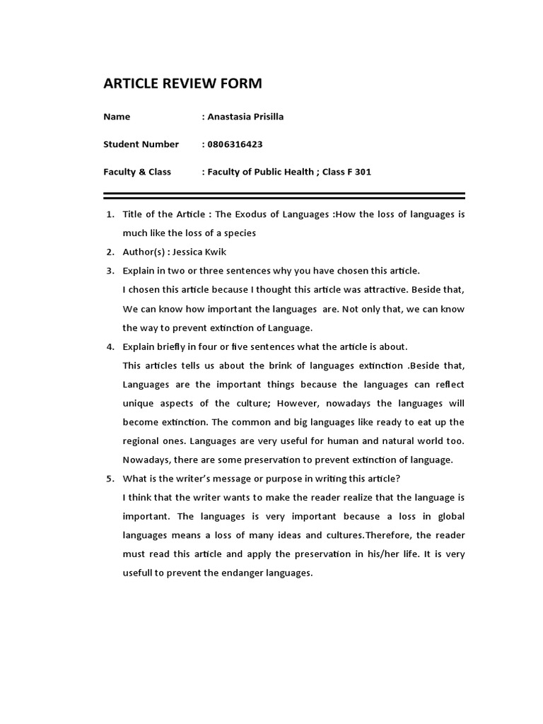 ARTICLE REVIEW FORM The Exodus of Languages | PDF | Language Arts ...