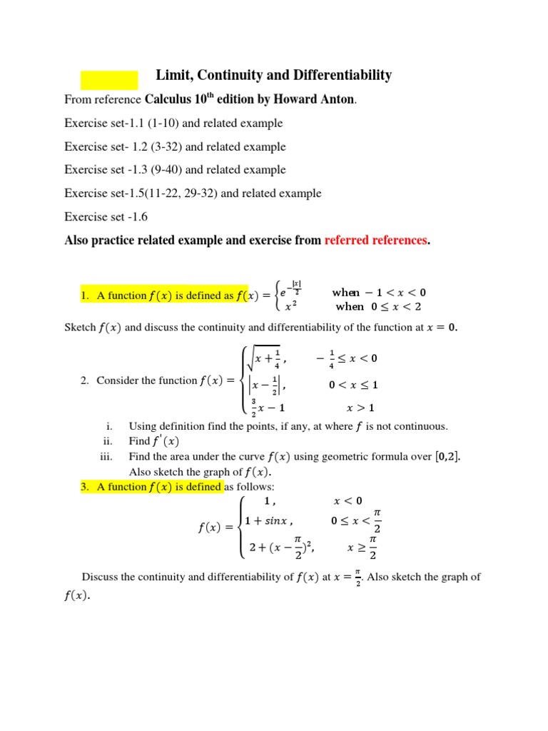 Math 157 (Limit, Continuity & Differentiability) Exercise Set 1 | PDF ...