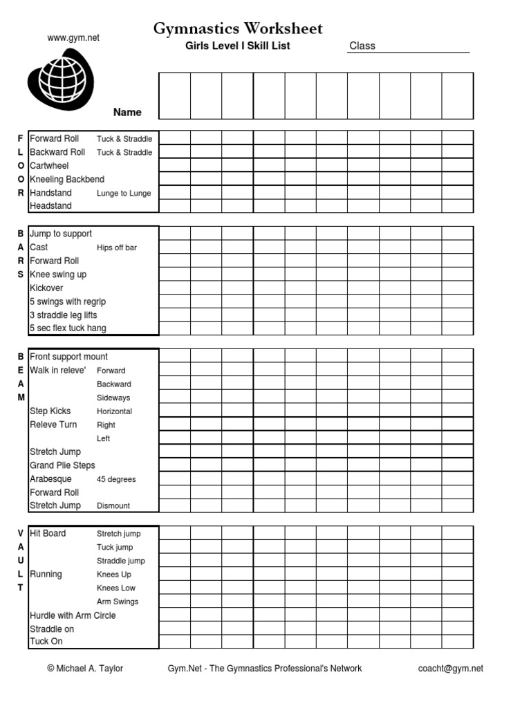 Gymnastics Worksheet: Girls Level I Skill List | PDF | Leisure