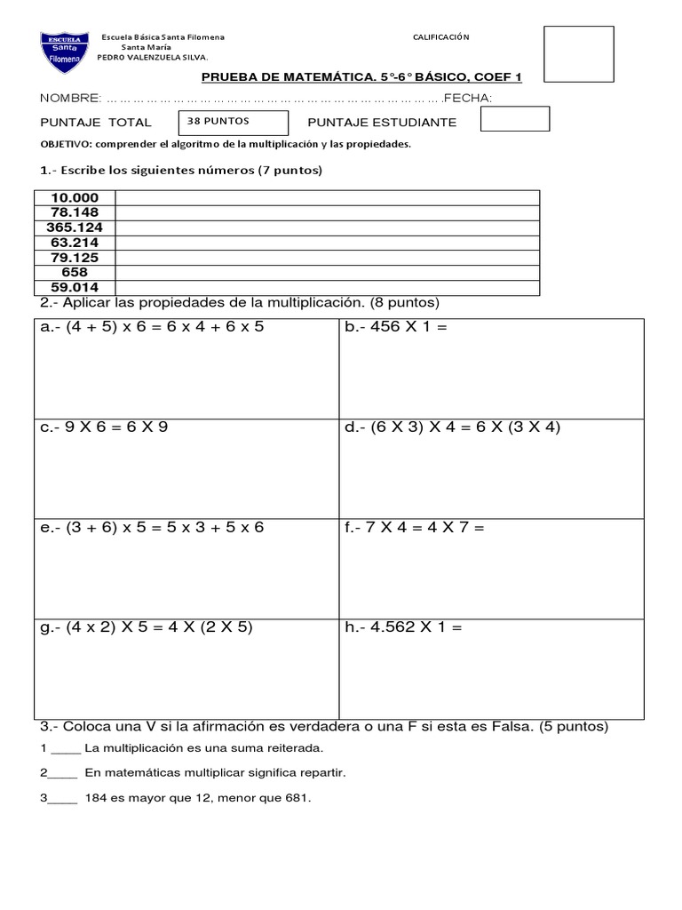 Prueba de Multiplicaciones 5° Básico | PDF | Multiplicación | Sustracción