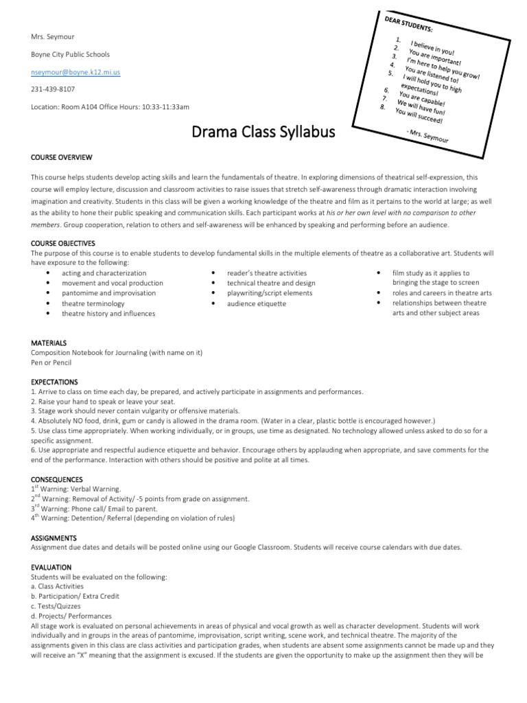 Drama Class Syllabus Overview | PDF | Homework | Theatre