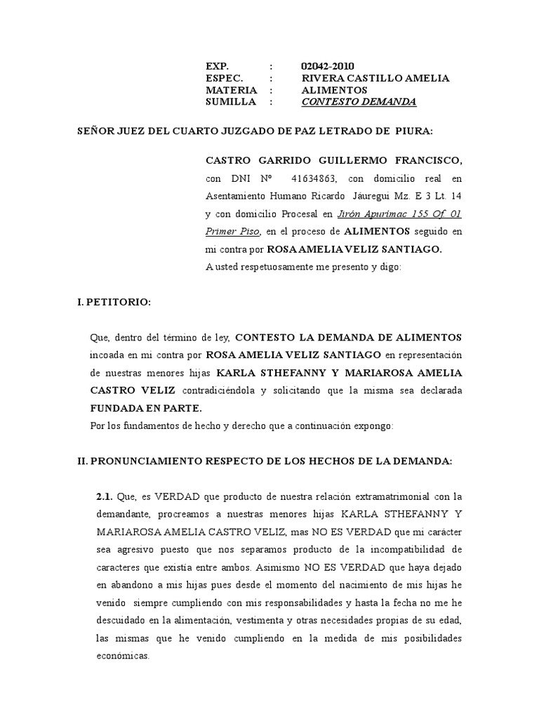 Modelo de Contestación de Demanda de Alimentos | PDF | Manutención de ... Modelo de Contestación de Demanda de Alimentos | PDF | Manutención de ...