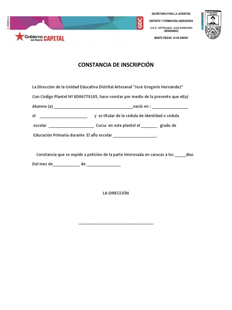 Constancia de Estudio E.D.A. Jose Gregorio Hernandez | PDF