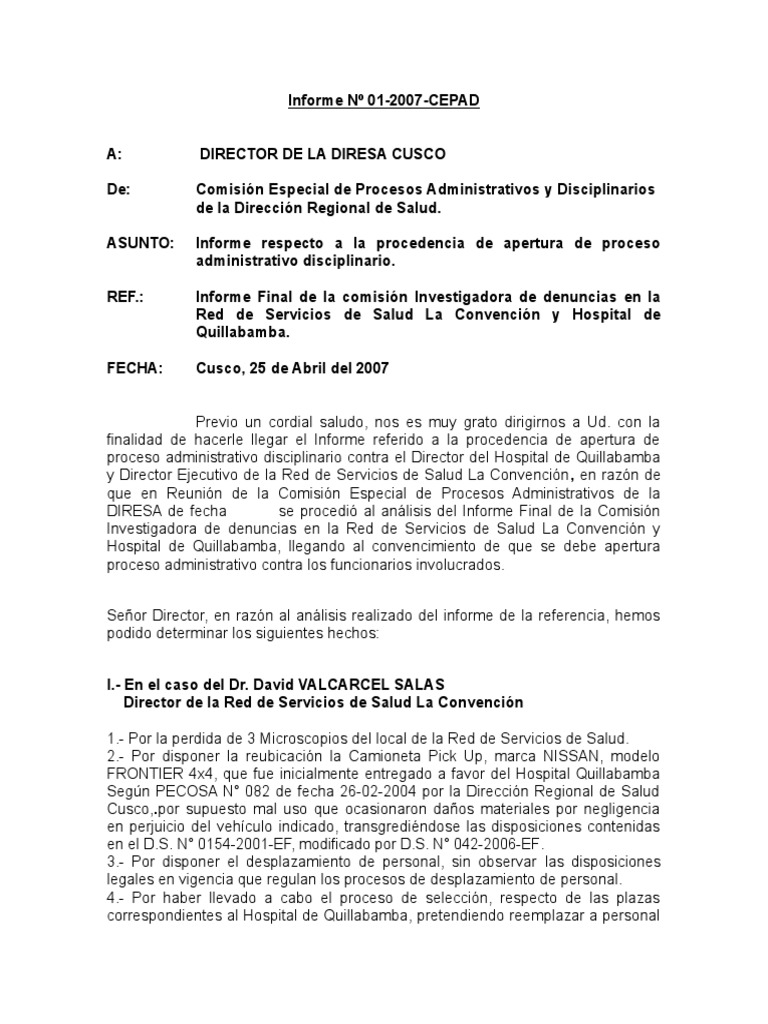 Modelo de Informe de Apertura de Proceso Administrativo Disciplinario ...