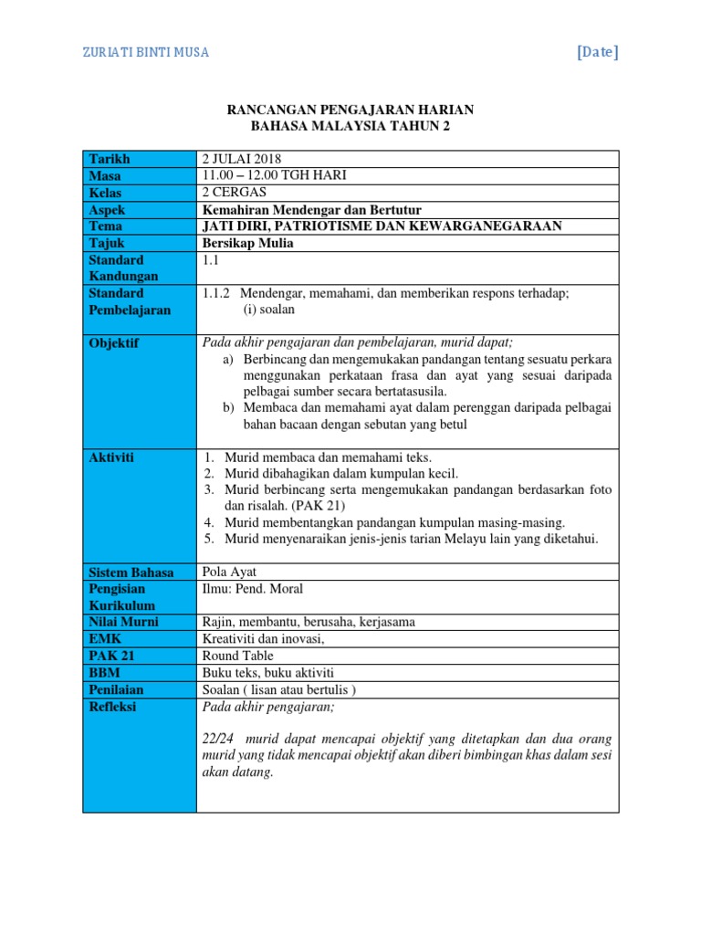 Contoh RPH BM Tahun 2 | PDF