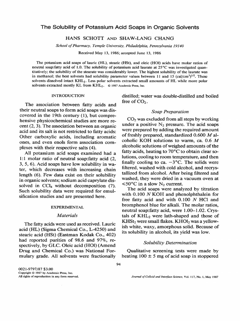 The Solubility of Potassium Acid Soaps in Organic Solvents | PDF ...