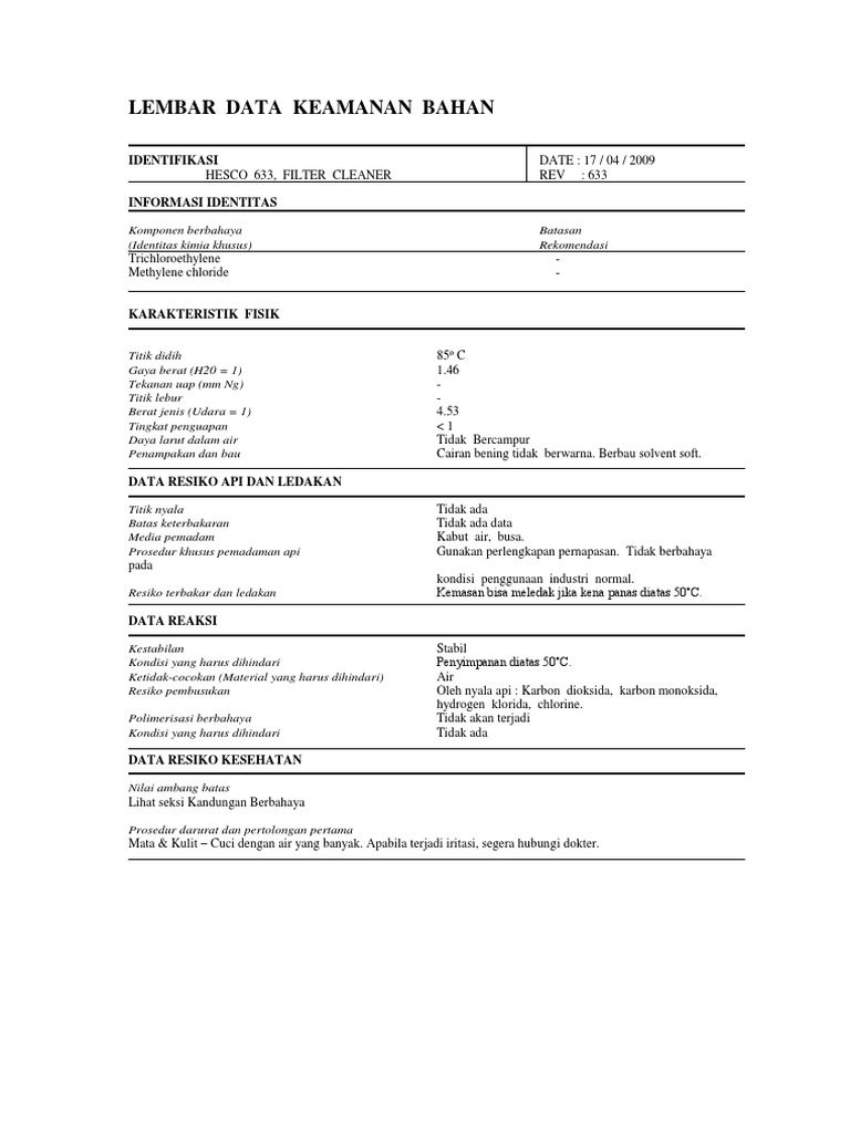 Data Keamanan HESCO 633 Filter Cleaner | PDF