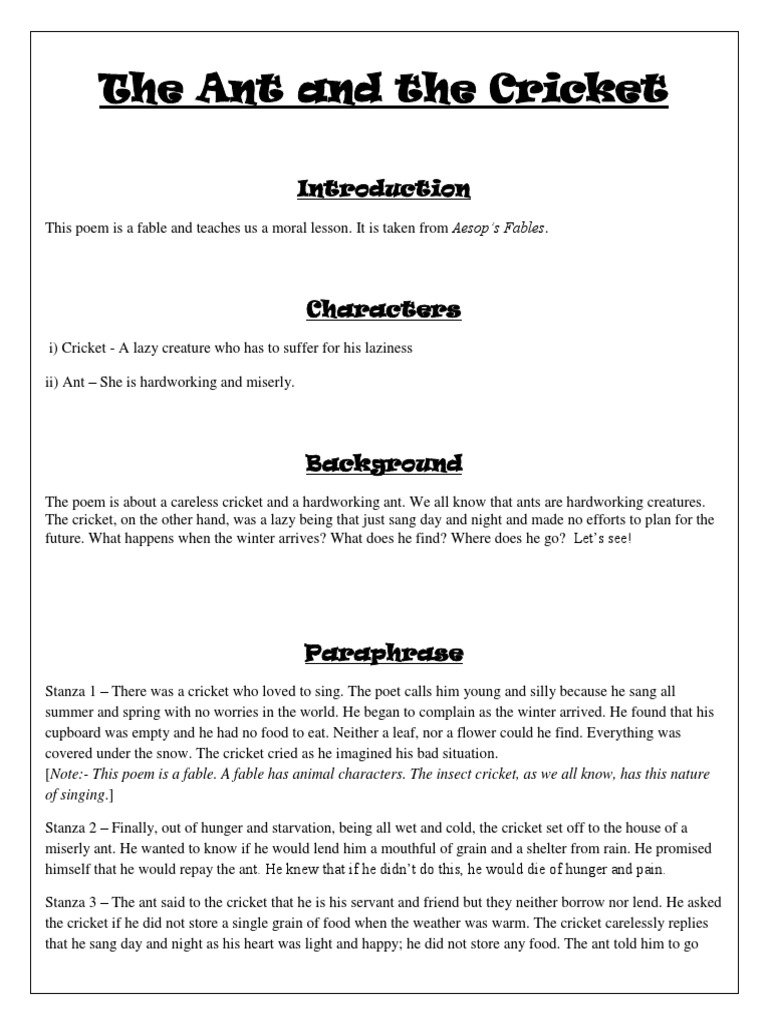 The Ant and The Cricket | PDF | Fable | Poetry