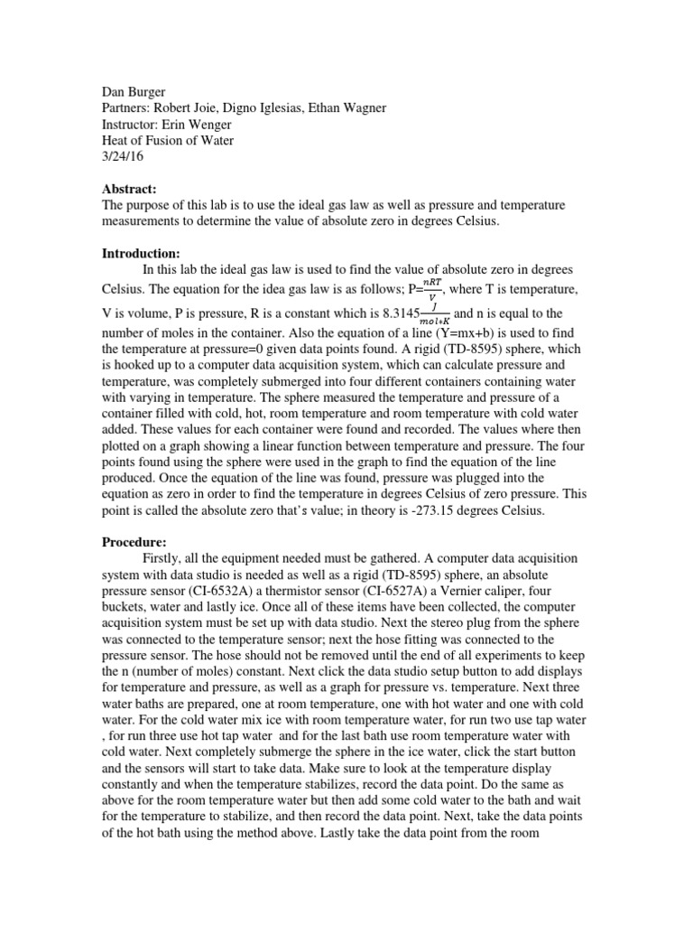 Physics 2 Lab - Absolute Zero | PDF | Pressure | Temperature