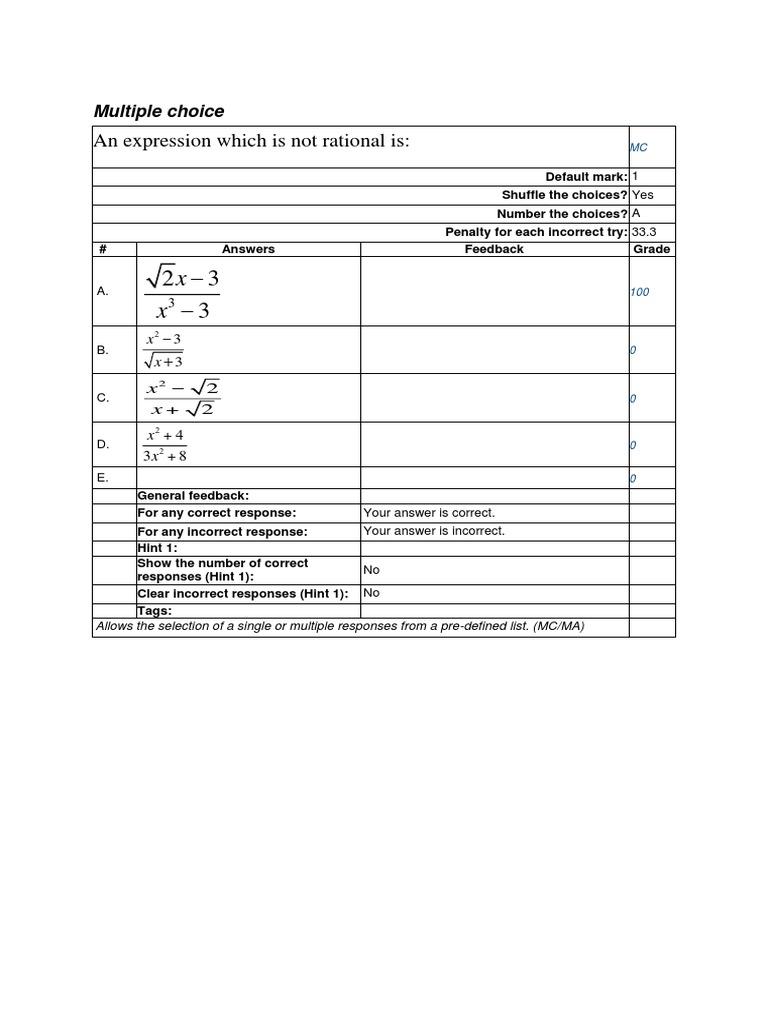 An Expression Which Is Not Rational Is:: Multiple Choice | PDF