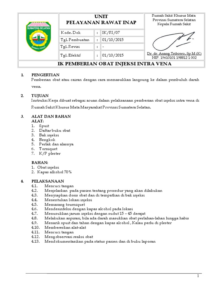 IK Pemberian Obat Injeksi Intravena, Ok | PDF