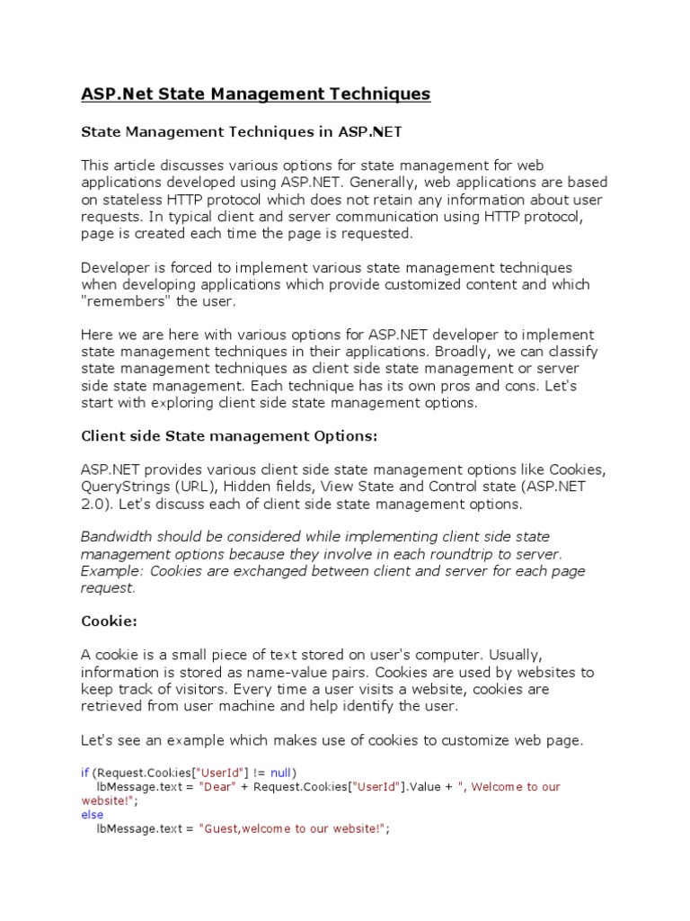 ASP State Management Techniques | PDF | Http Cookie | World Wide Web