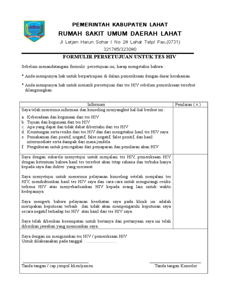 Formulir Persetujuan Untuk Tes Hiv. | PDF