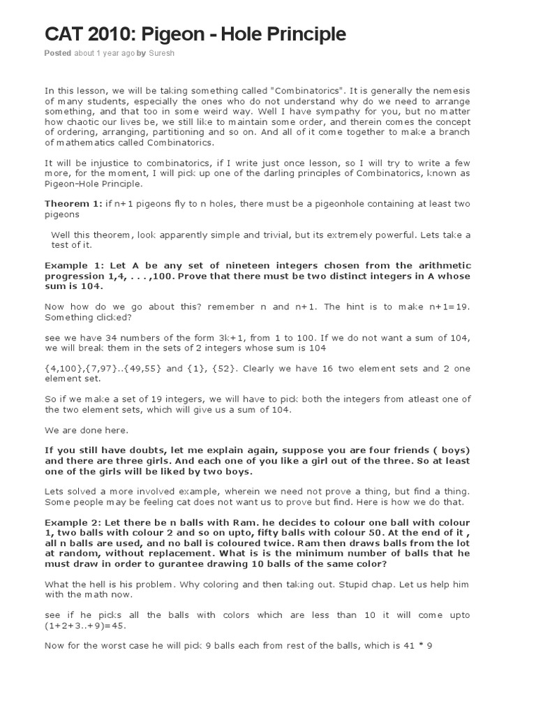 Pigeon Hole Principle | PDF | Teaching Mathematics | Combinatorics