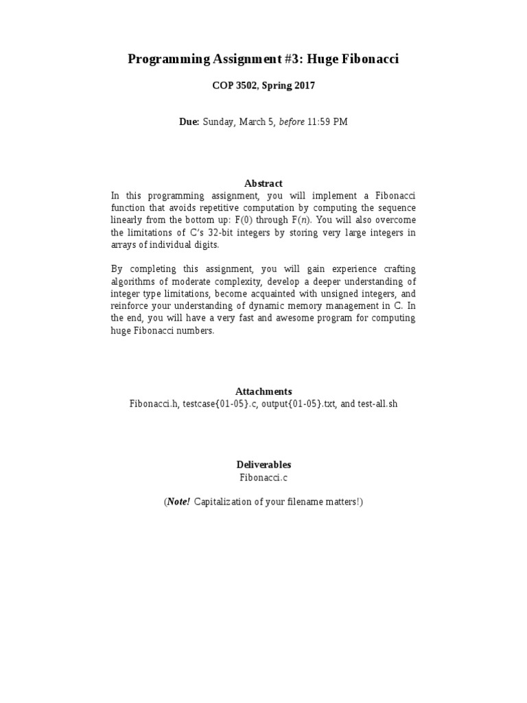 Programming Assignment #3: Huge Fibonacci: COP 3502, Spring 2017 | PDF | Integer (Computer ...