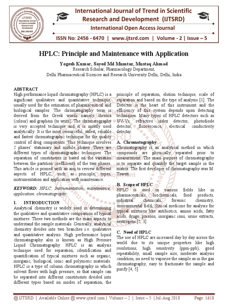 HPLC: Principle and Maintenance With Application | PDF | High ...