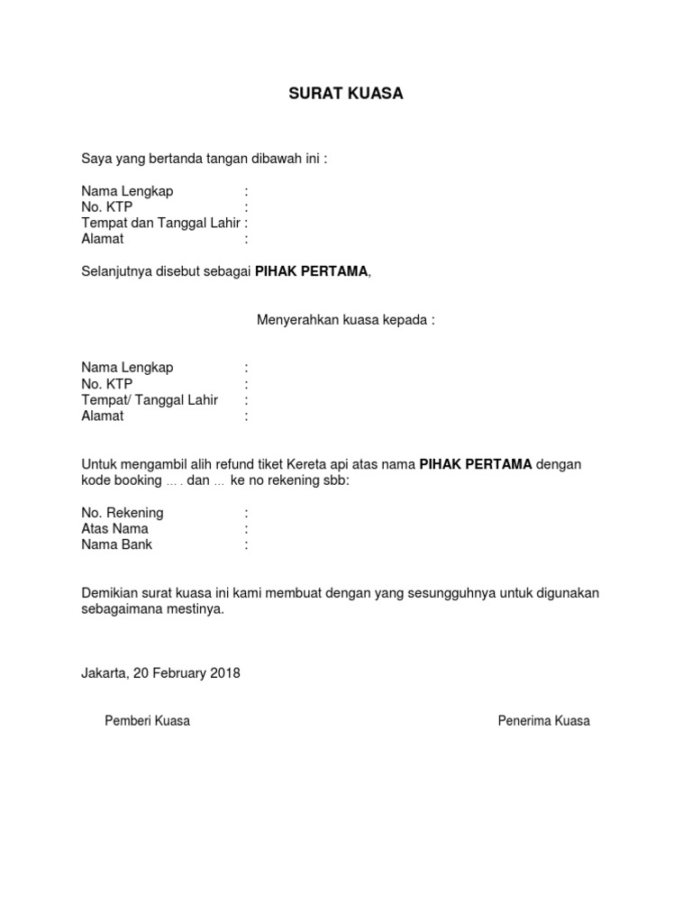 Contoh SURAT KUASA Refund KA | PDF