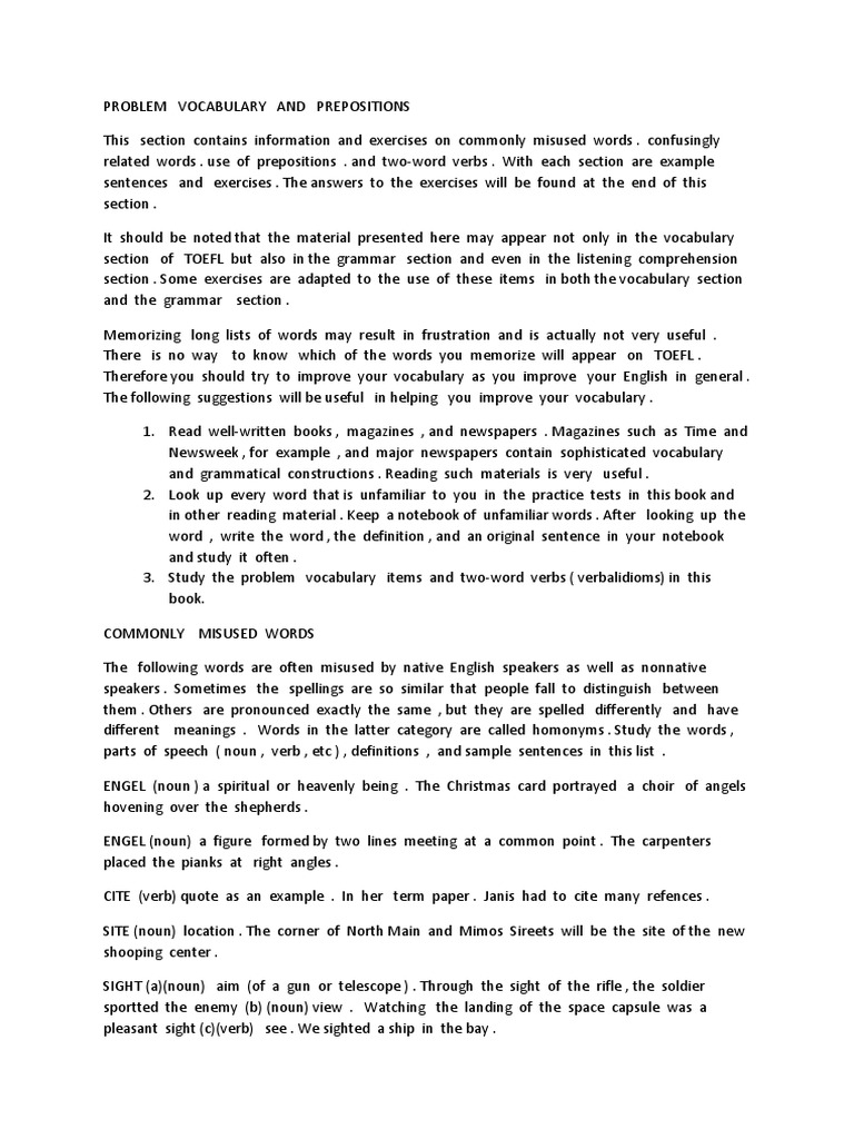 Problem Vocabulary and Prepositions | PDF | Vocabulary | Verb