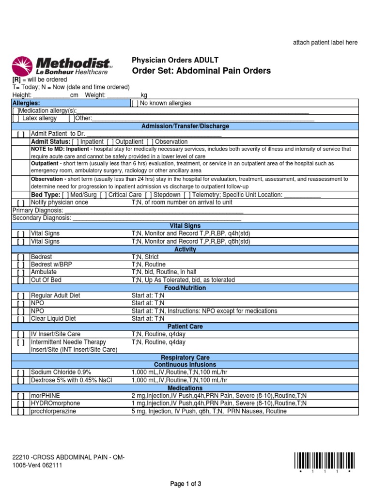 Order Set: Abdominal Pain Orders | PDF | Patient | Intravenous Therapy
