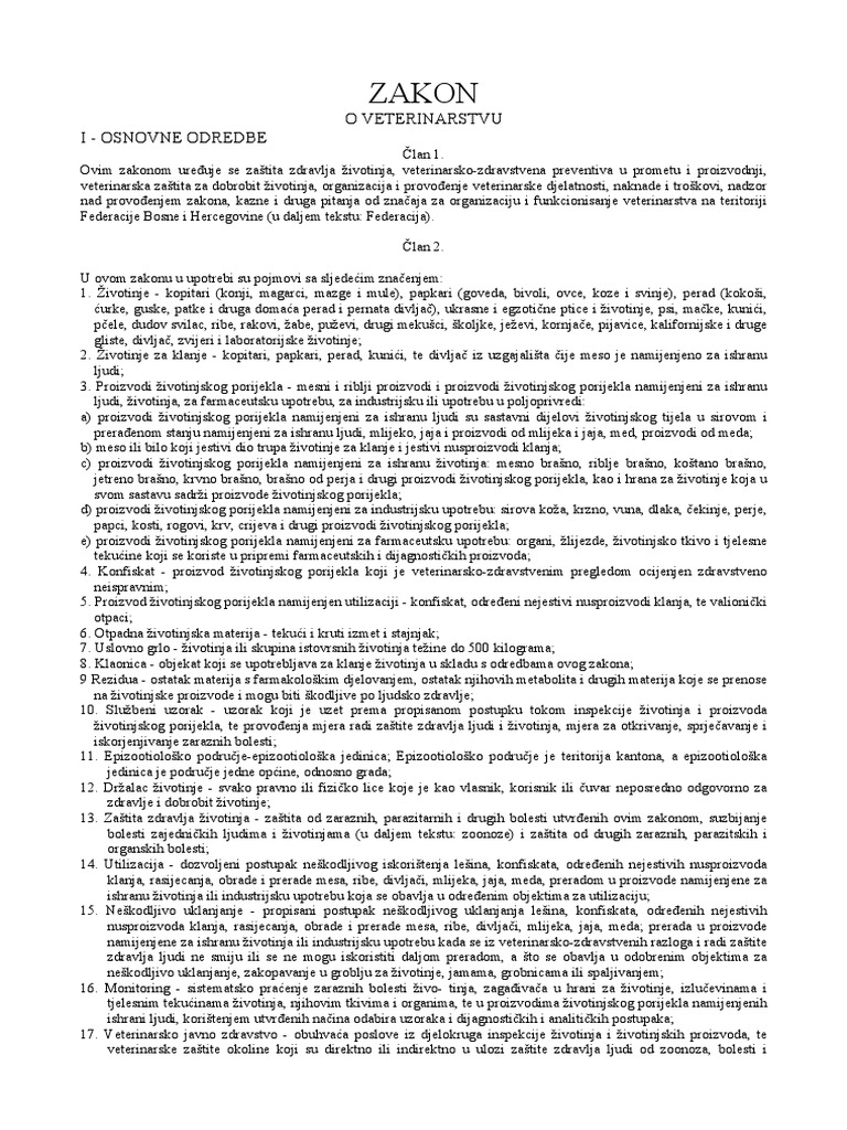Zakon o Veterinarstvu | PDF