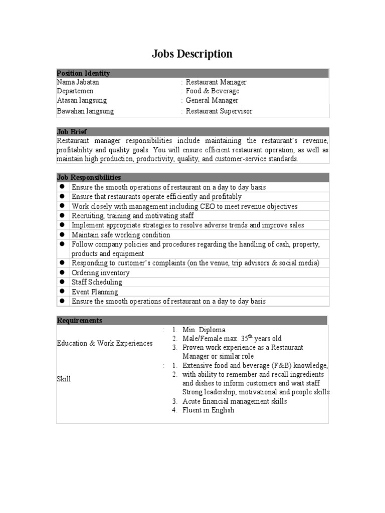 Job Description Restaurant Manager PDF | PDF