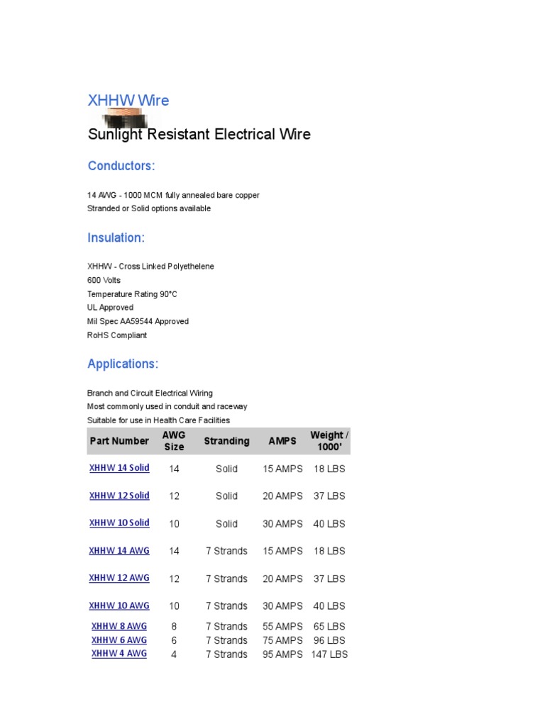 XHHW Wire Specifications and Applications | PDF | Electrical Wiring | Wire
