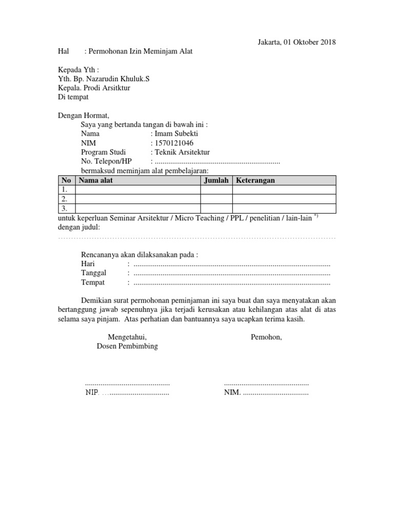 Surat Permohonan Pinjam Alat. | PDF