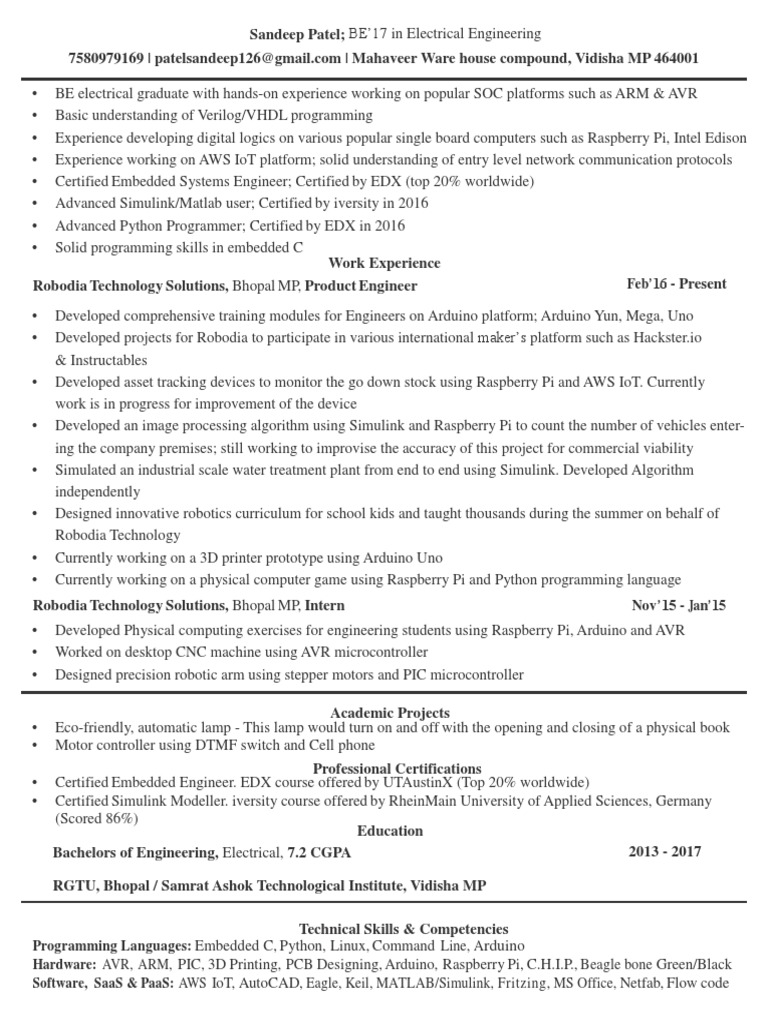 Resume - Sandeep Patel | PDF | Embedded System | Arduino