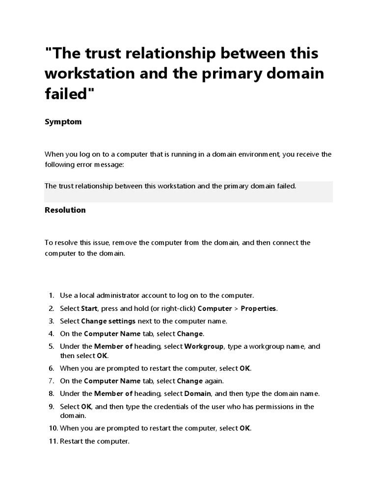The Trust Relationship Between This Workstation and The Primary Domain Failed | PDF