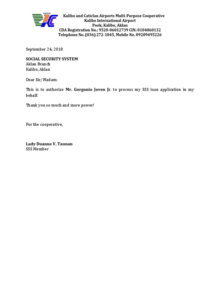 SSS Loan Authorization Letter Template | PDF | Finance & Money Management