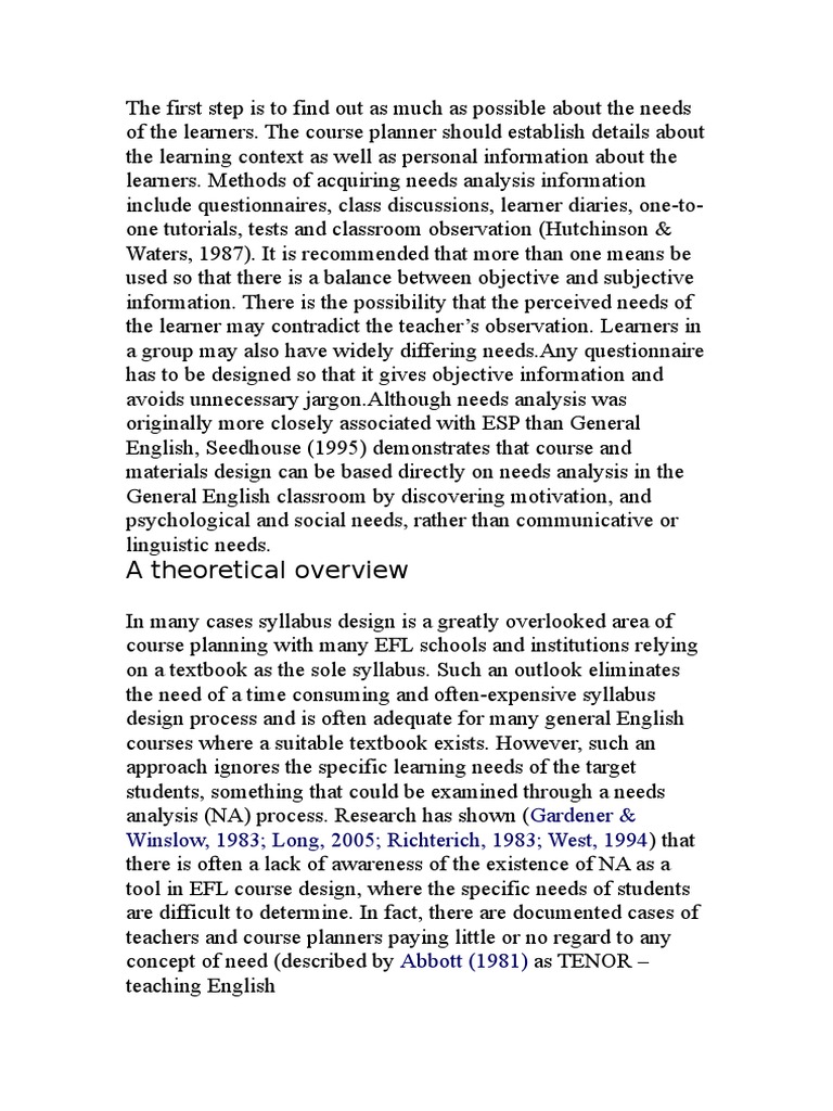 EFL Needs Analysis Essentials | PDF | English As A Second Or Foreign ...