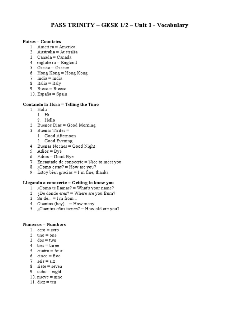 Pass Trinity Ndash Gese 1 2 Ndash Vocabulary | PDF
