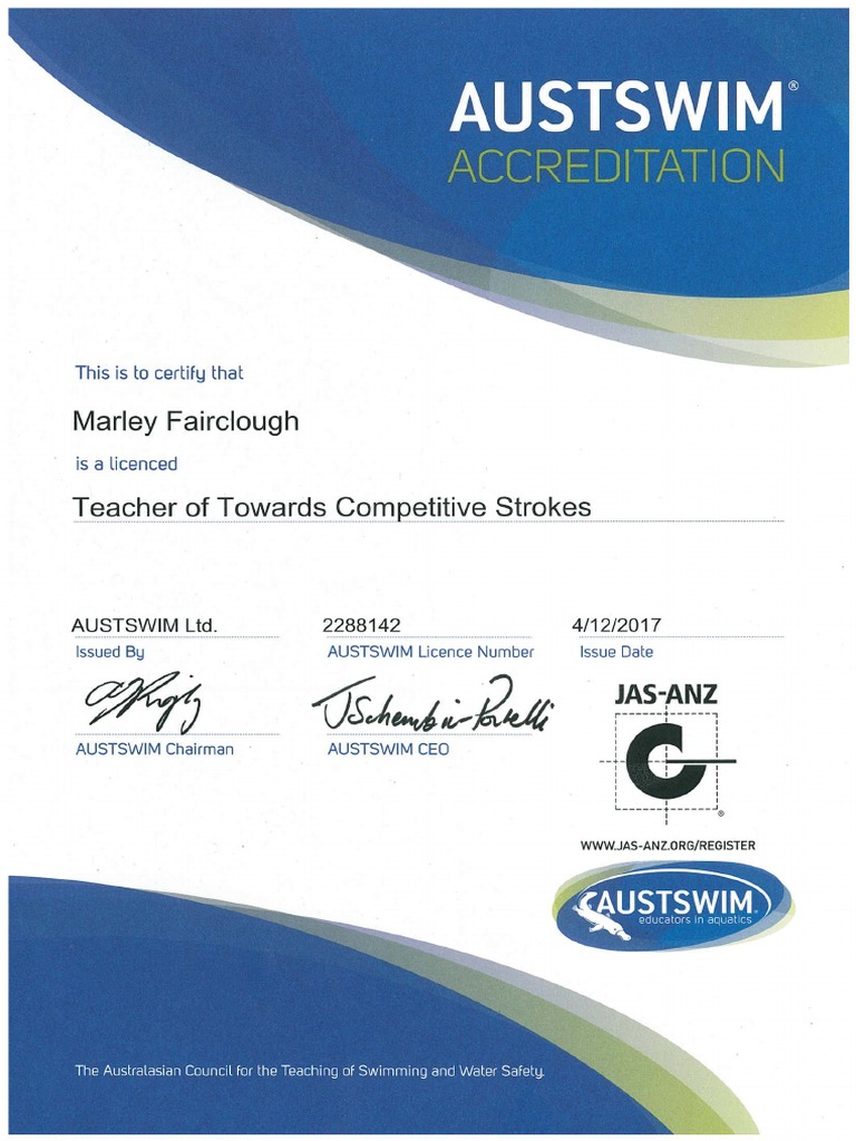 Austswim Teaching of Competive Strokes Certificate | PDF