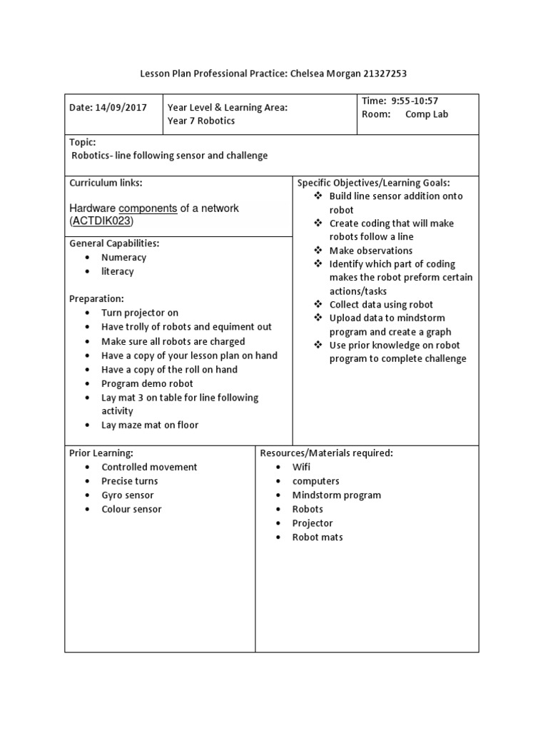 Year 7 Robotics Lesson Plan | PDF | Robot | Robotics