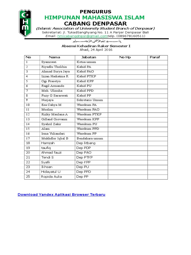 Absensi Raker HMI Denpasar 2016 | PDF